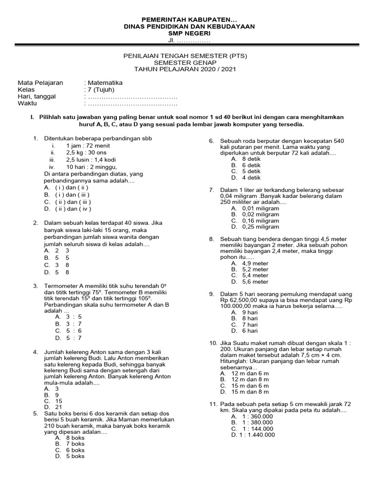 Soal PTS Matematika Kelas 7 Semester 2 Tahun 2020-2021 | PDF
