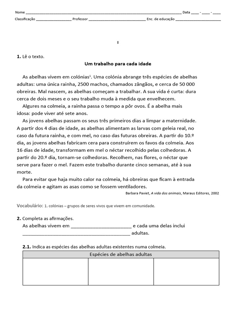 Ficha PORT 3 Per | PDF | Abelhas | Mel