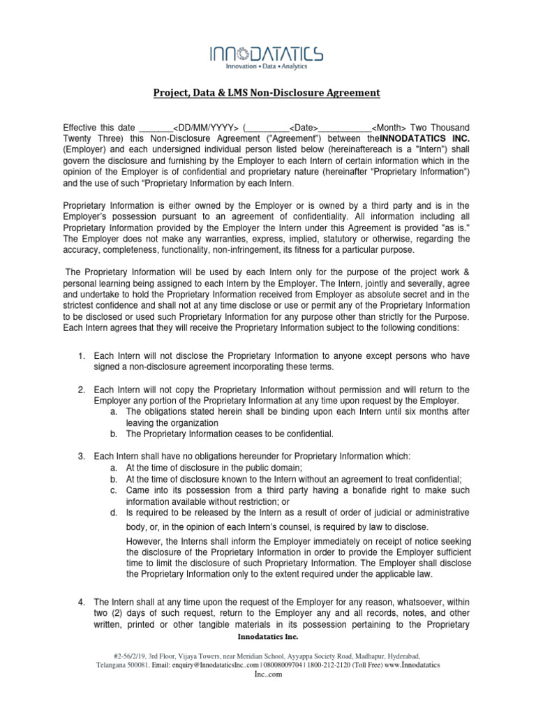 Innodatatics-NDA FORM For Interns-2023 | PDF | Trade Secret | Non ...