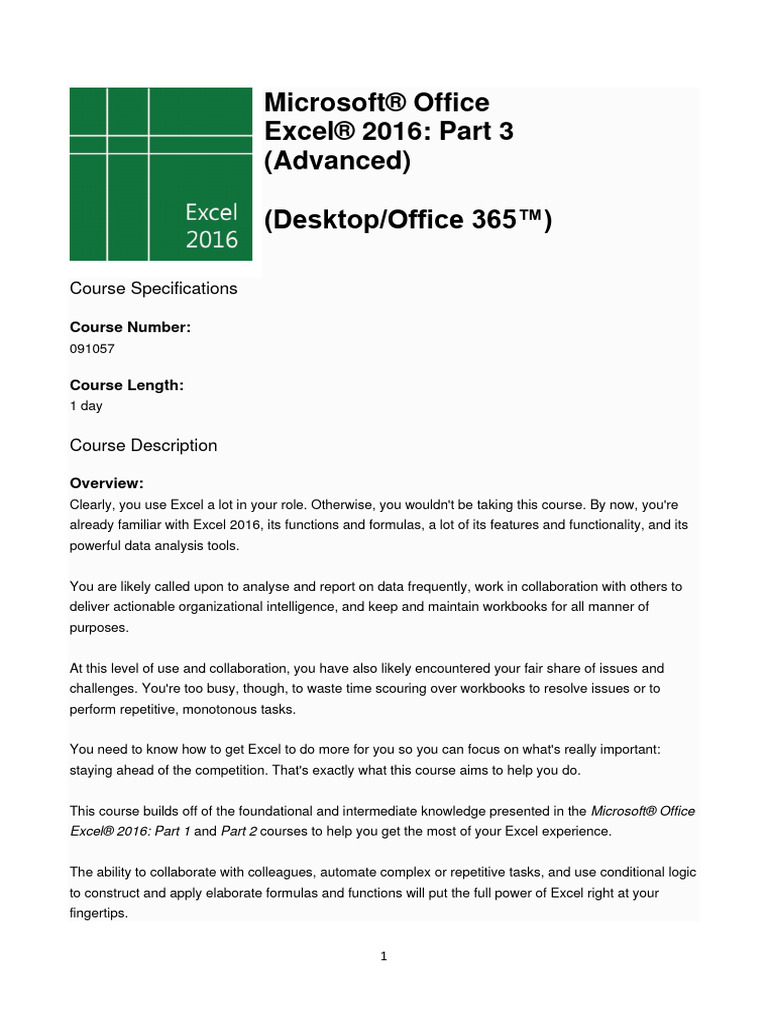 MS Excel 2016 L3 - Course Outline | PDF | Microsoft Excel | Computing