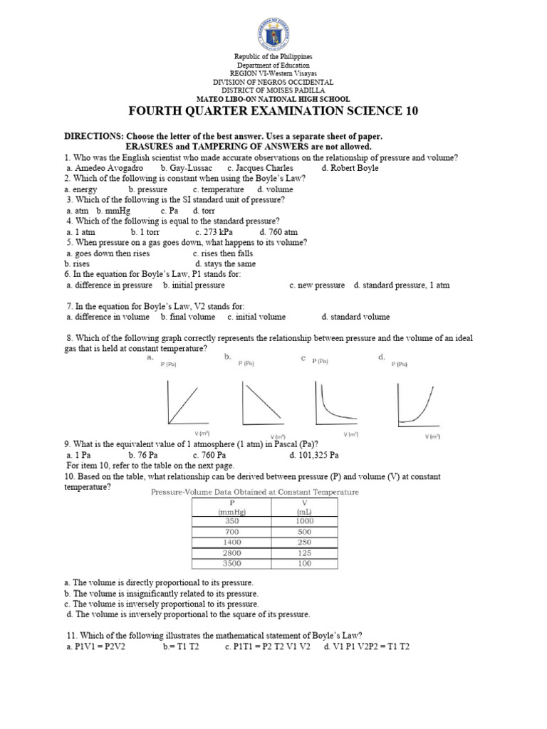 Fourth Grading Exam Boy Les Law | PDF | Gases | Pressure