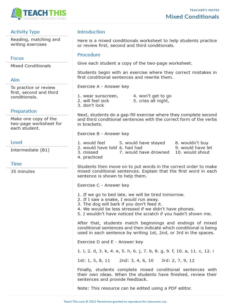 Mixed Conditionals Worksheet | PDF | Language Arts & Discipline
