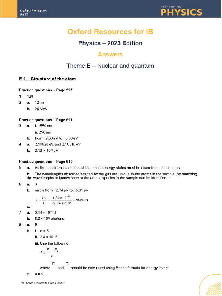 IB Physics Answers ThemeE | PDF | Stars | Electronvolt