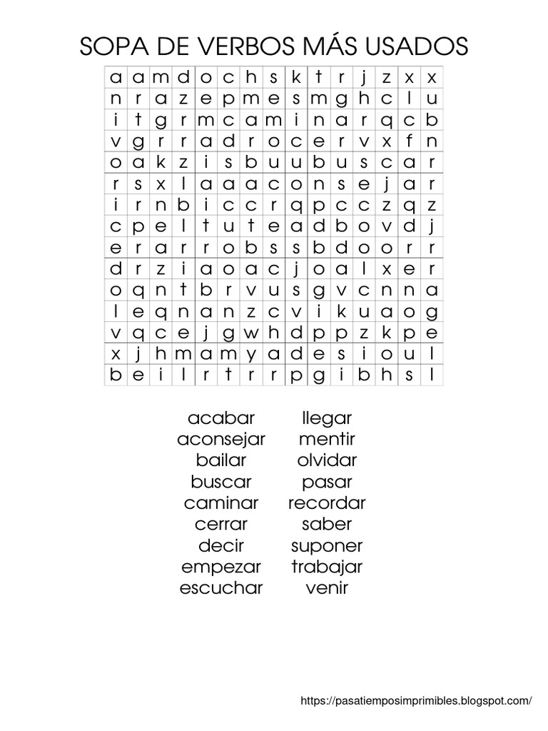 Sopa de Letras de Verbos Más Usados para Imprimir | PDF | Artes del ...