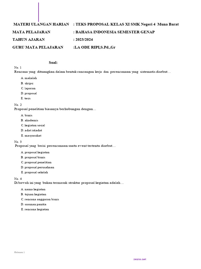Soal Teks Proposal Kls XI SMKN 4 MUBAR | PDF