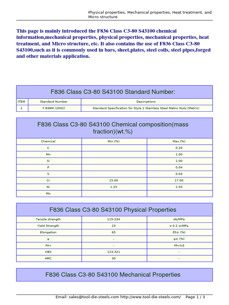F836 Class C3-80 S43100 Overview | PDF | Rolling (Metalworking) | Pipe ...
