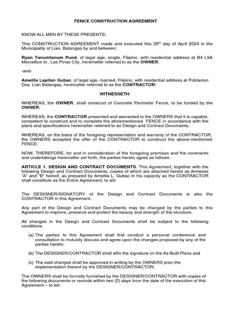 Fence Construction Agreement 1 | PDF | Employment | Lawsuit