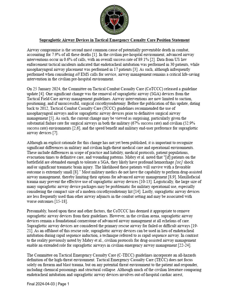 Supraglottic Airway Devices in Tactical Emergency Casualty Care FINAL ...