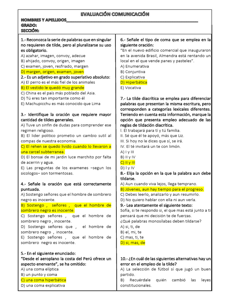 2° Eval - Coma - Tilde - Sust - Adjetivo - B - Solucionario | PDF | Toreo