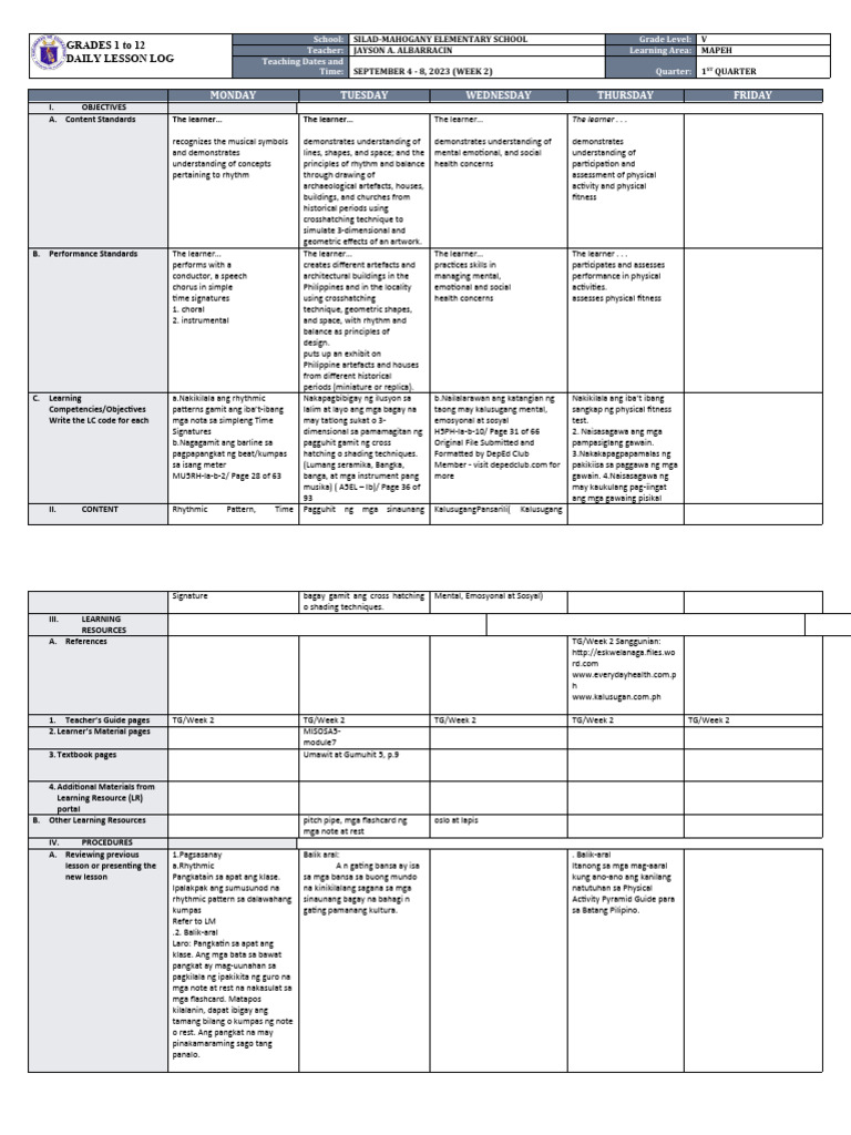 DLL - Mapeh 5 - Q1 - W2 | PDF