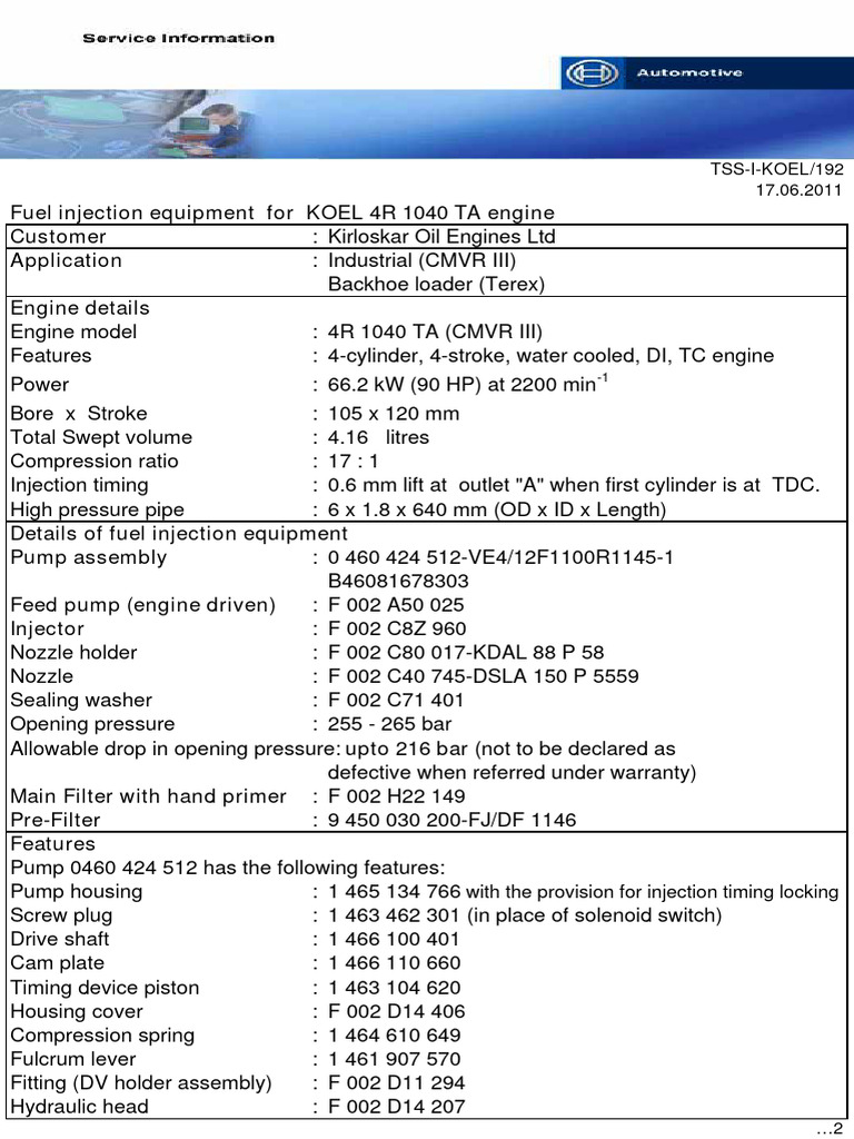 TSS-I-KOEL/192 17.06.2011: With The Provision For Injection Timing ...