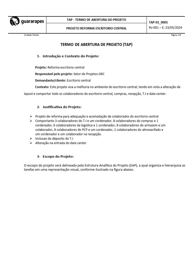 TAP - Termo de Abertura Do Projeto | PDF | Engenharia | Orçamento