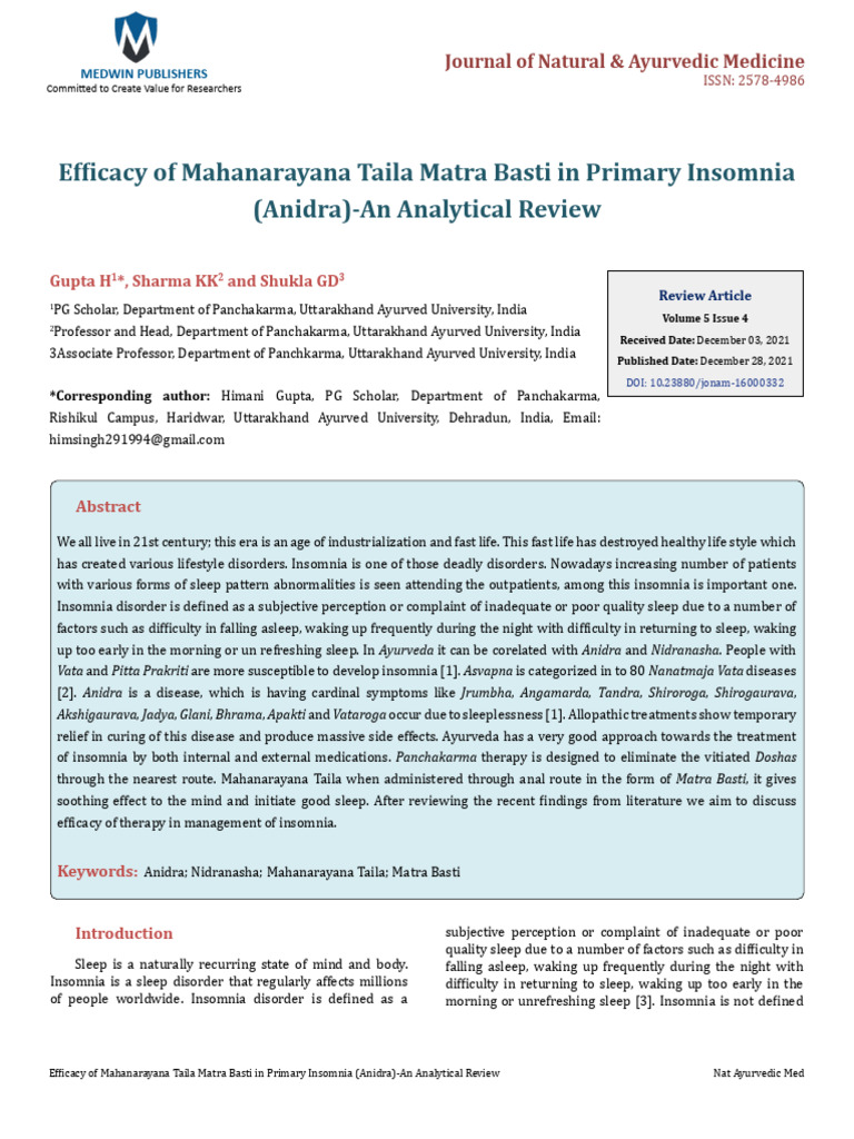 Mahanarayana Taila | PDF | Insomnia | Ayurveda