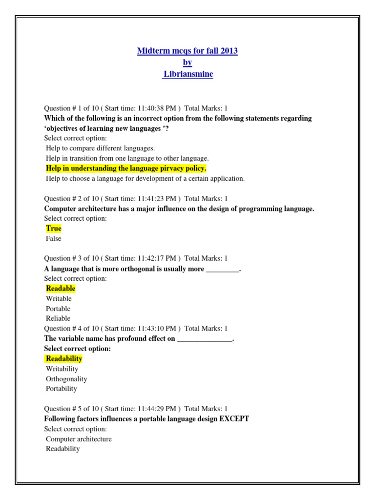 Cs 508 Mines Mcqs Midterm Pdf Control Flow Pointer Computer Programming