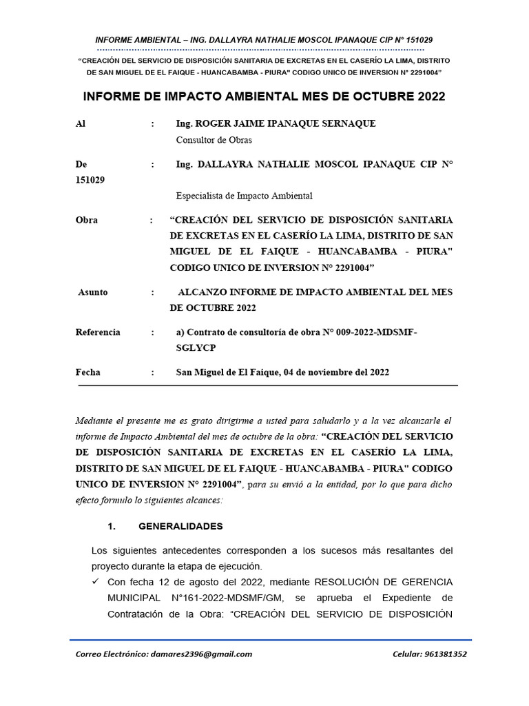 Informe Impacto Ambiental Val 01 Ambietal | PDF | Agua | Residuos