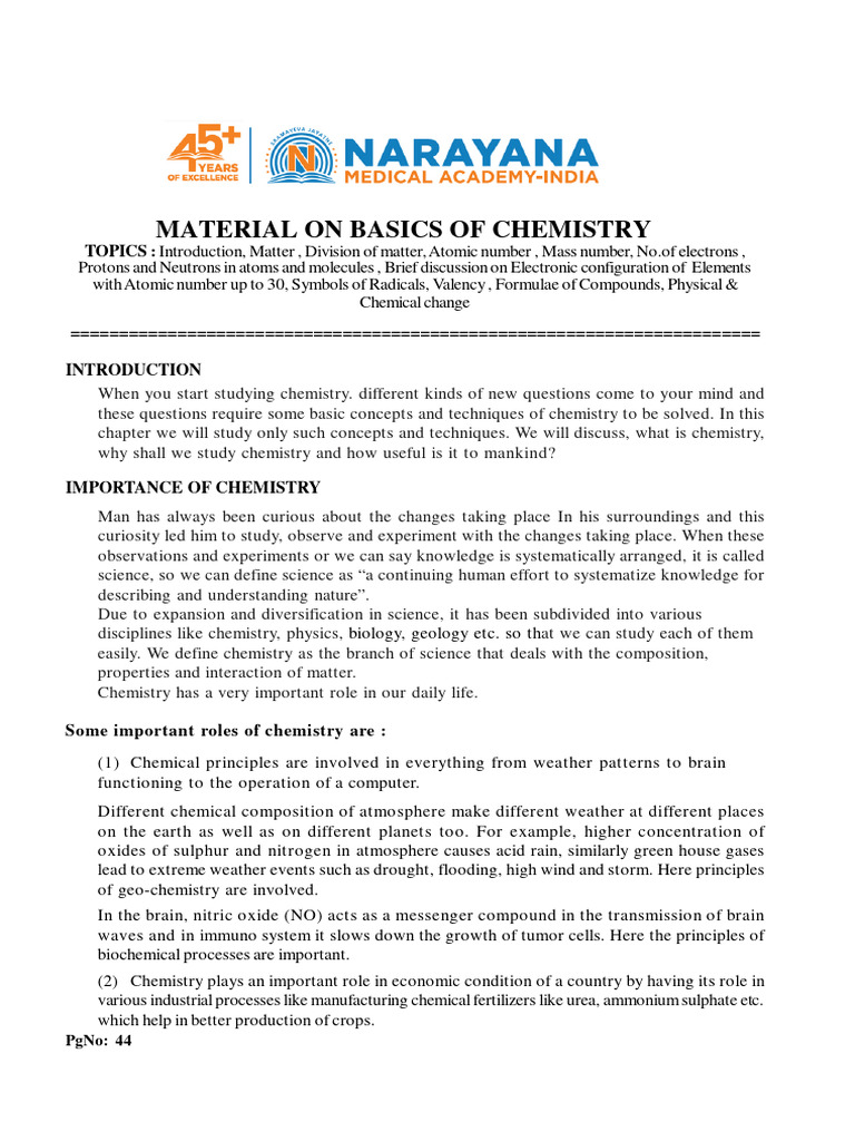 Material On Basics of Chemistry (Day 1 To 4) | PDF | Mixture | Chemistry