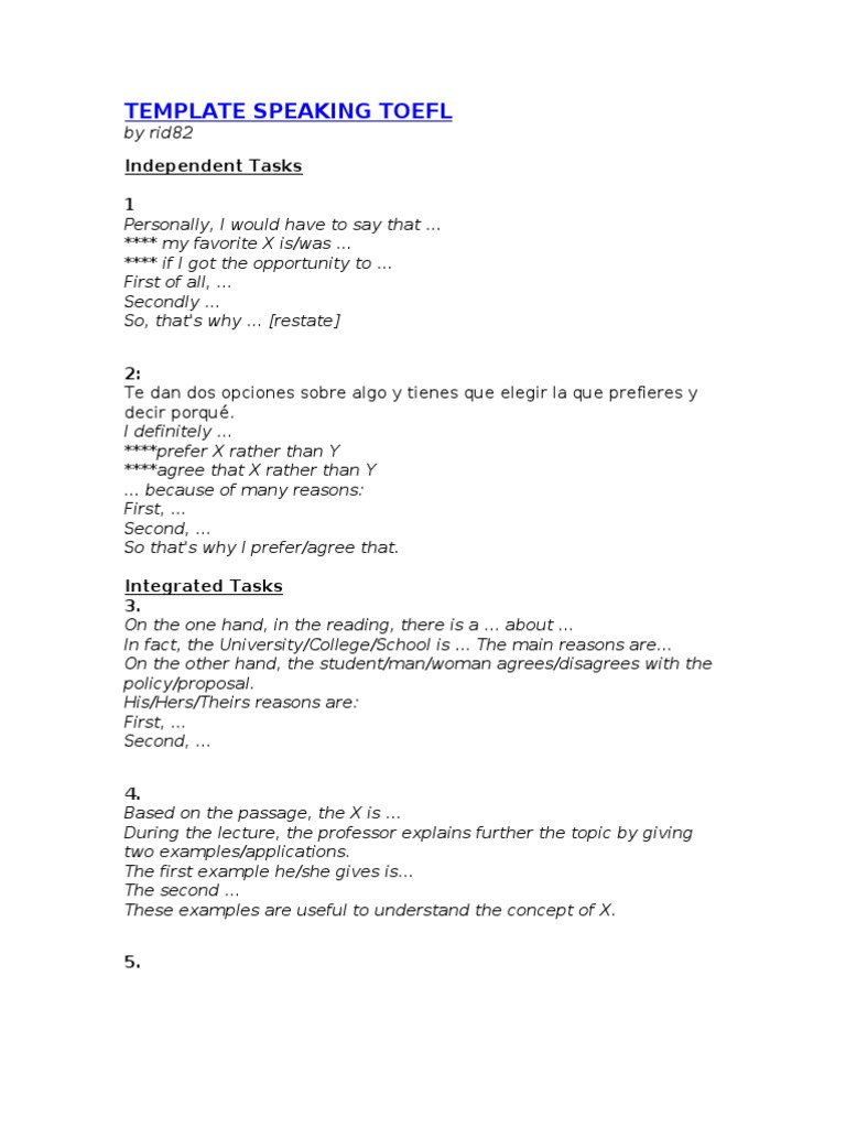 TOEFL Speaking Template Guide | PDF | Cognition | Communication