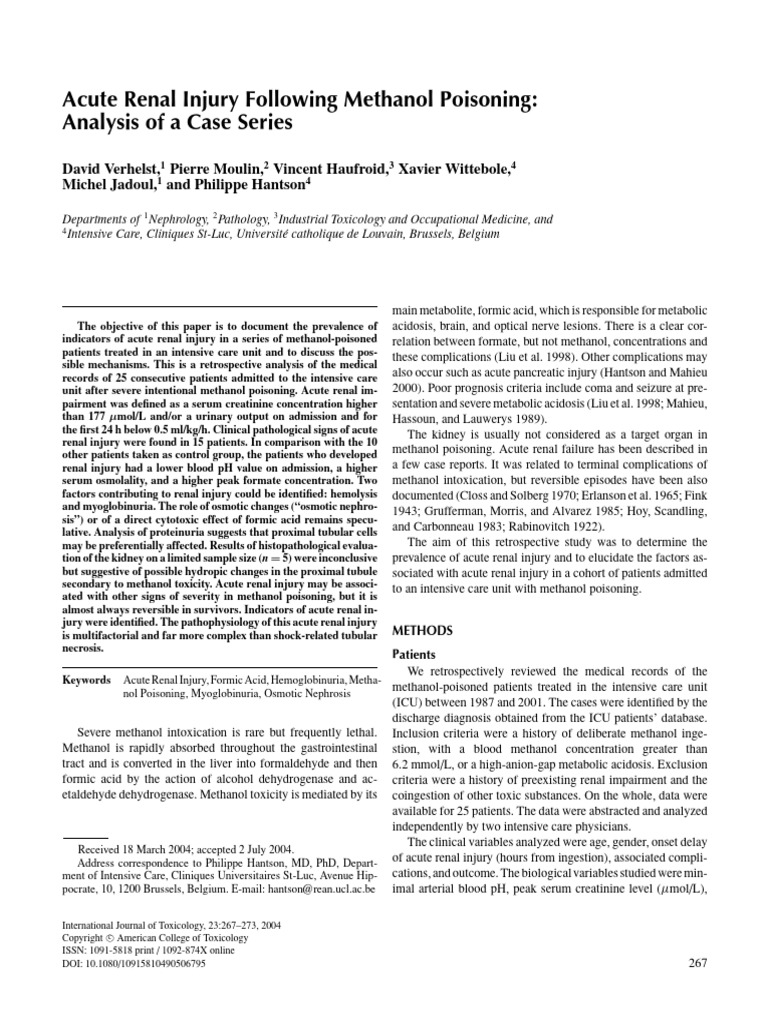 Verhelst Et Al 2004 Acute Renal Injury Following Methanol Poisoning ...