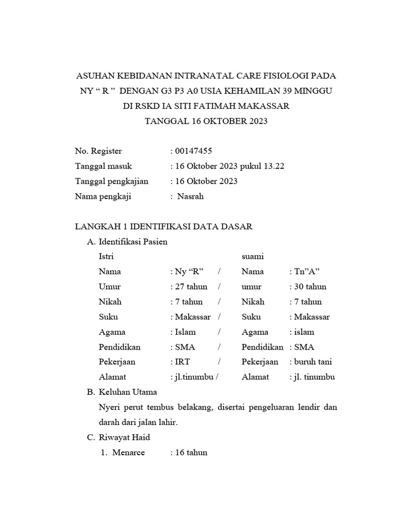 Asuhan Kebidanan Intranatal Care Fisiologi Pada Ny | PDF
