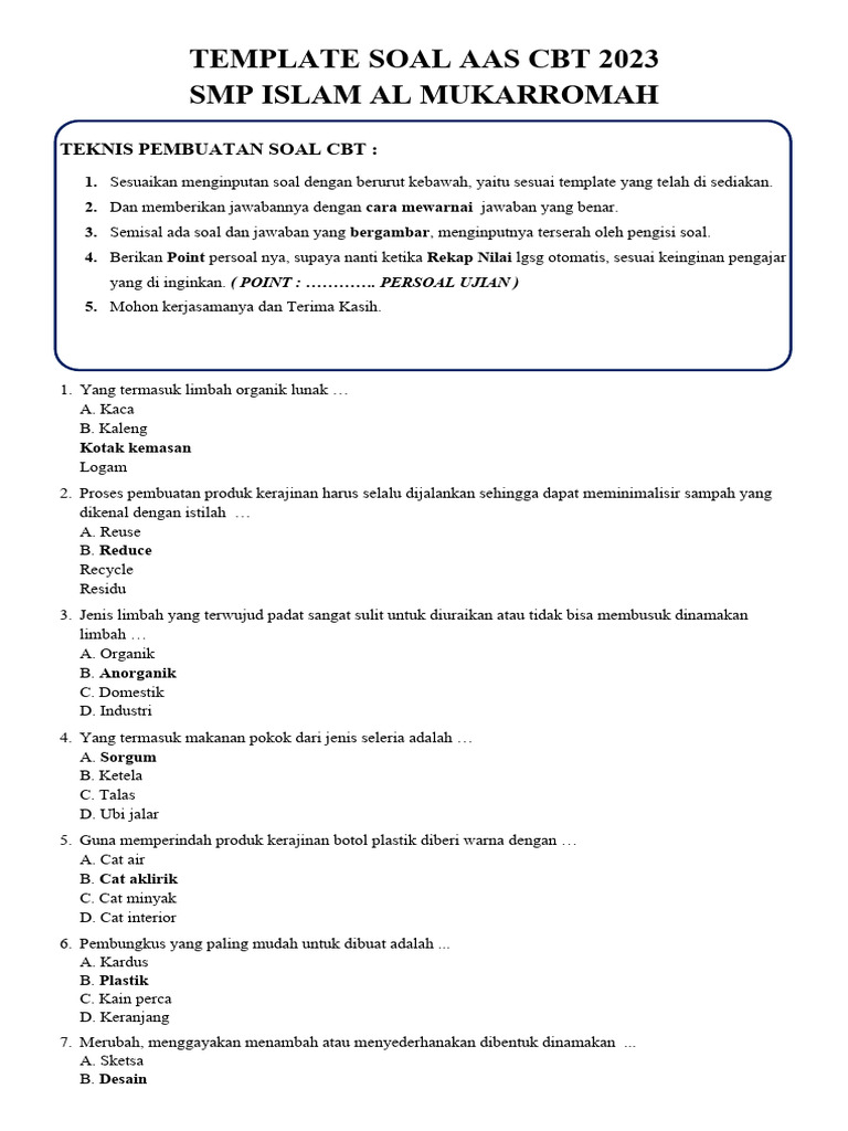 Template Soal Aas Prakarya Viii 2023 (CBT) | PDF | Gaya Hidup