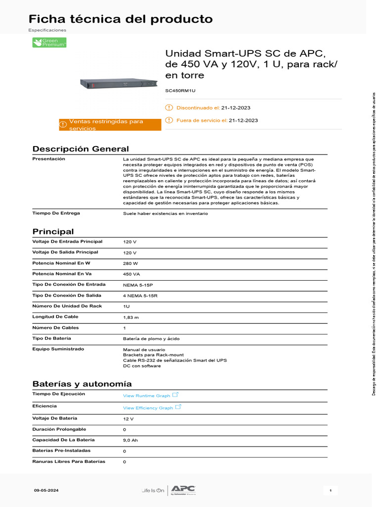 Unidad Smart-UPS SC 450 VA 120V APC | PDF | Informática | Ingeniería ...