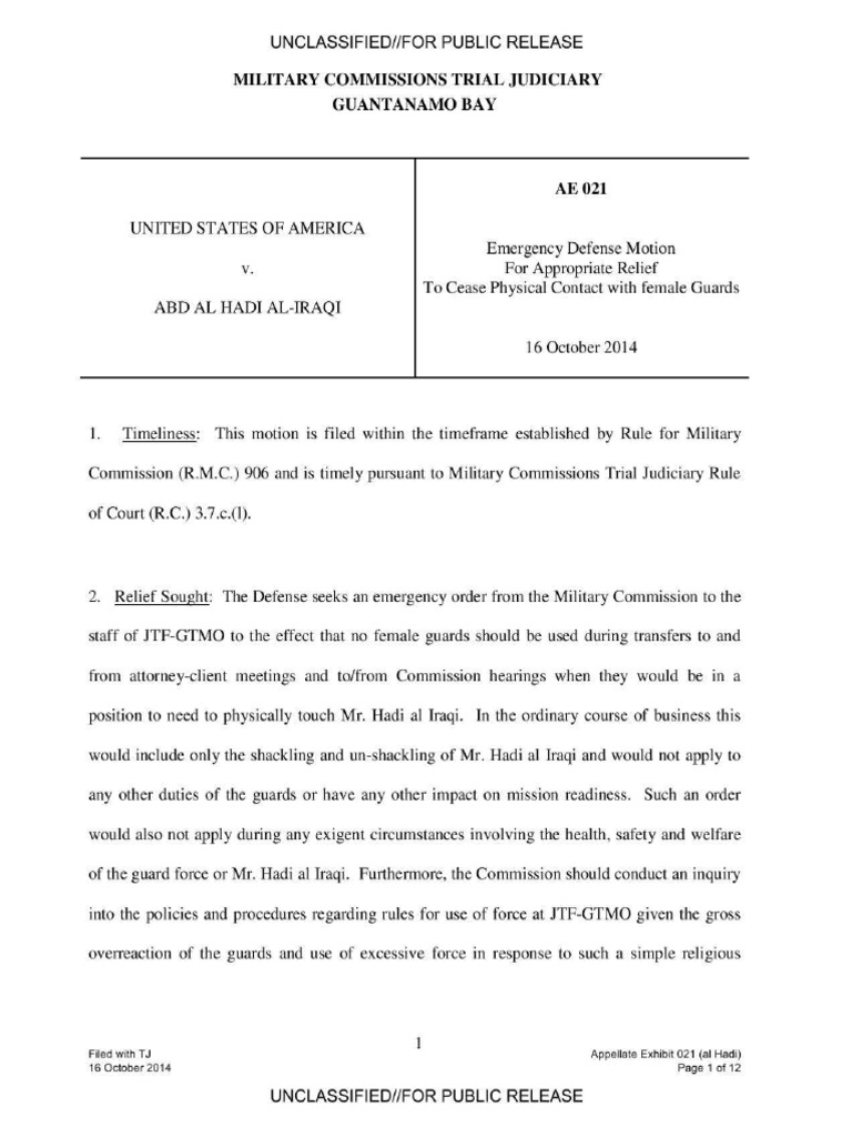 Emergency Defense Motion For Appropriate Relief To Cease Physical ...