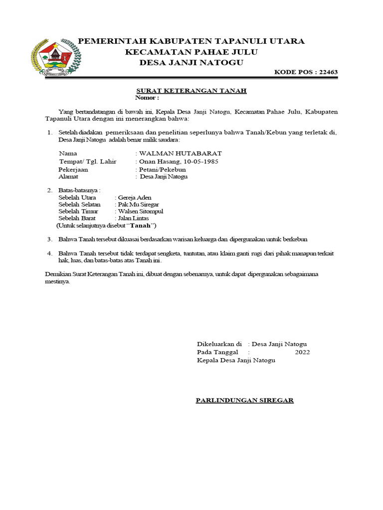 Surat Keterangan Tanah Dari Kepala Desa | PDF