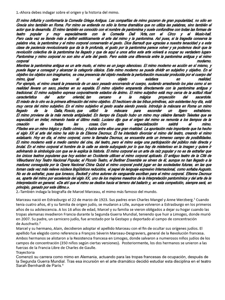 Historia y Evolución del Mimo | PDF | Arte