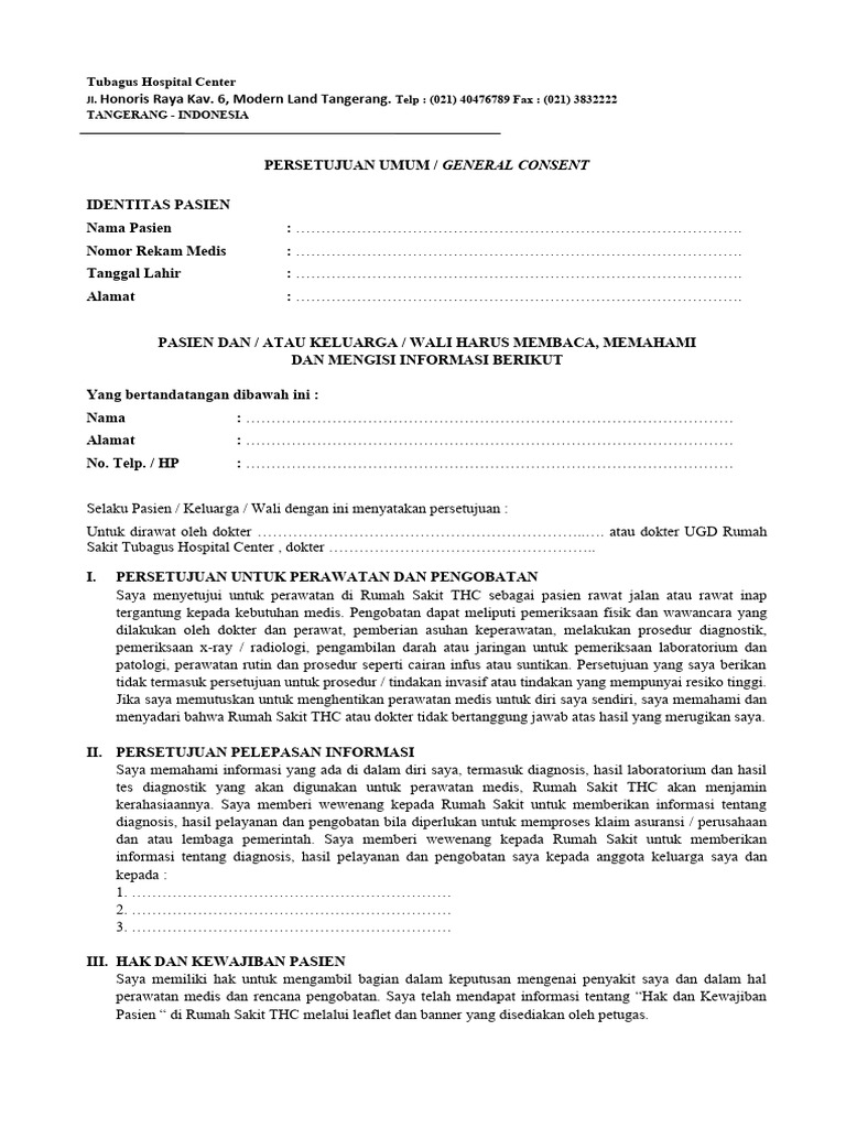 Persetujuan Umum Pasien di THC | PDF