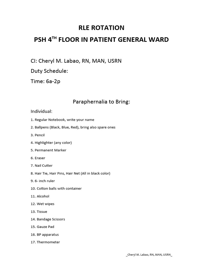 RLE Rotation Checklist for Nurses | PDF | Social Science | Wellness