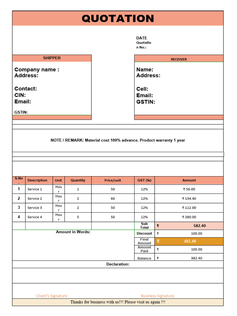 Quotation Document with Pricing Details | PDF