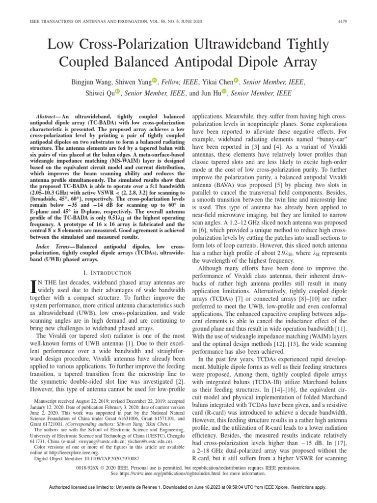 Low Cross-Polarization Ultrawideband Tightly Coupled Balanced Antipodal Dipole Array | PDF ...