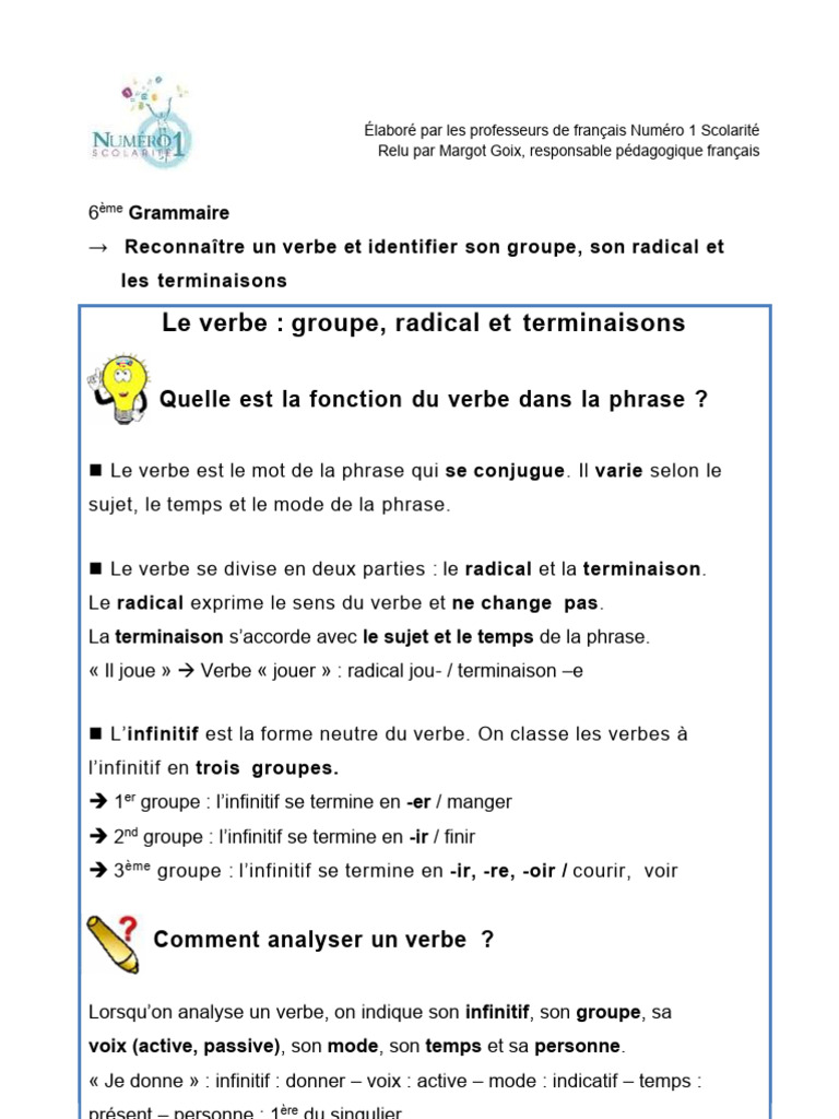 Radical et terminaison des verbes CE2 | PDF | Verbe | Phrase