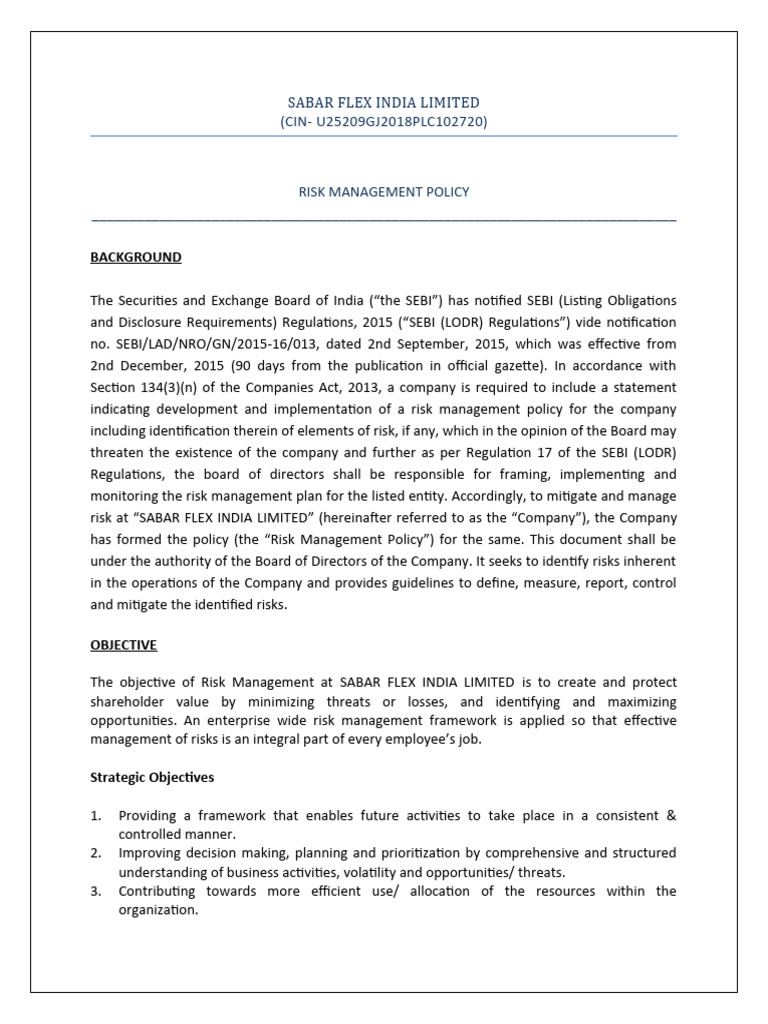 Sabar Flex India Risk Management Policy | PDF | Risk Management ...
