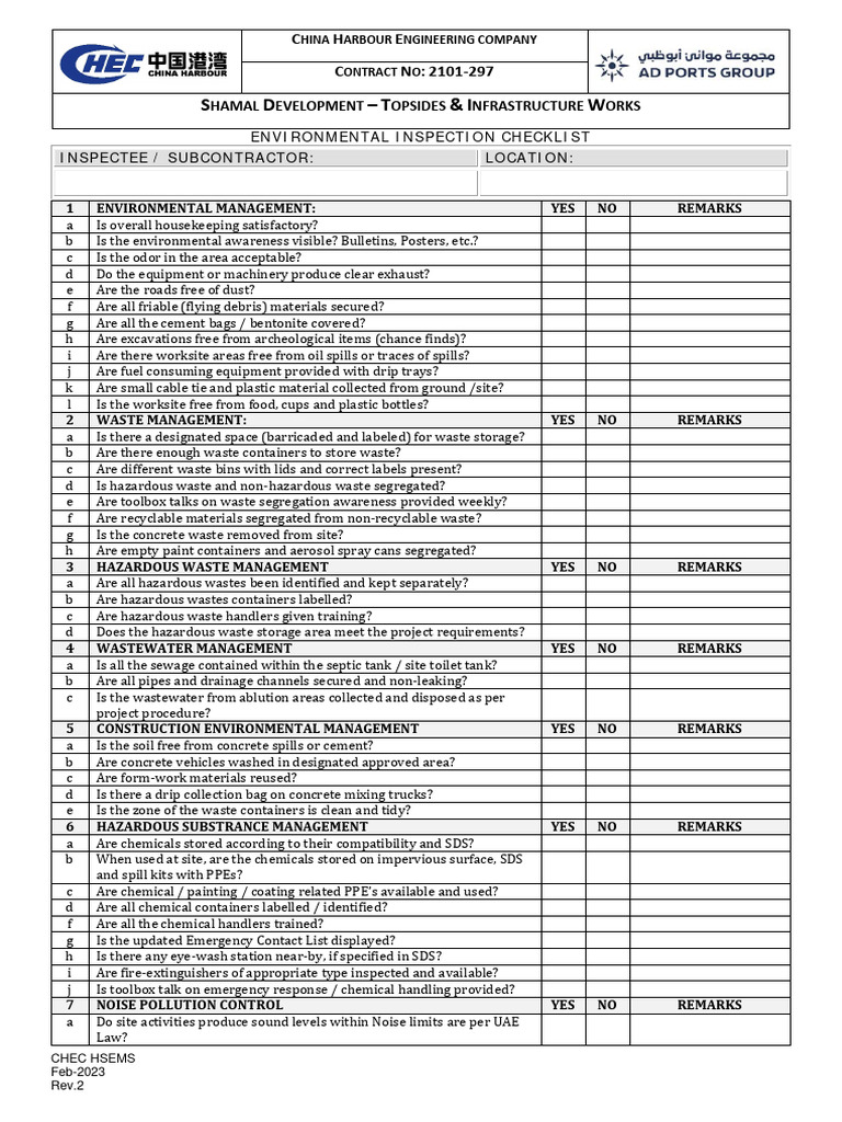 CHEC Environmental Inspection Checklist | Download Free PDF | Waste | Waste Management