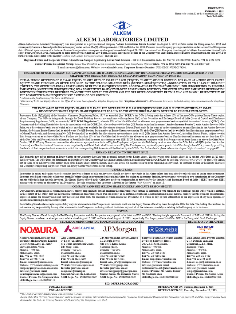 Alkem Laboratories IPO Prospectus | PDF | Stocks | Securities (Finance)