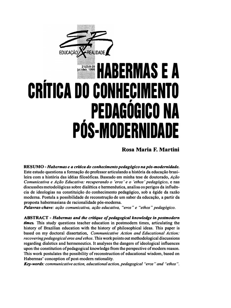 Edsondeoliveira, Habermas e A Crítica Do Conhecimento Pedagógico Na Pós-Modernidade | PDF ...