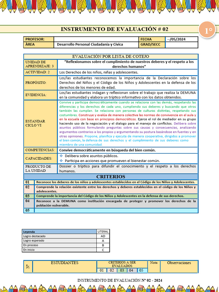 1º DPCC - LC Act.2 Uni 3 Sem 02 - 2024 | Descargar gratis PDF | Evaluación | Derechos de los niños