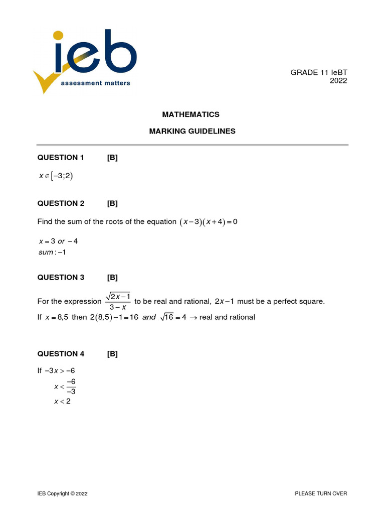 IeBT Mathematics 2022 MEMO | PDF | Mathematics
