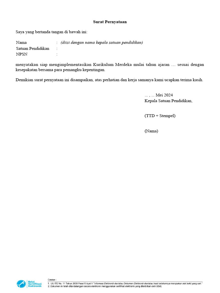 Surat Pernyataan Implementasi Kurikulum Merdeka | PDF