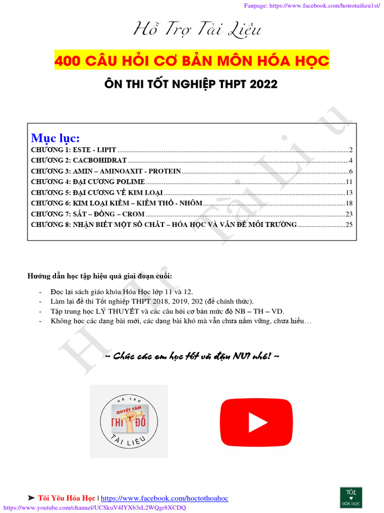 (Httl) 400 Câu Hỏi Cơ Bản - Hóa Học 2022- Da | PDF