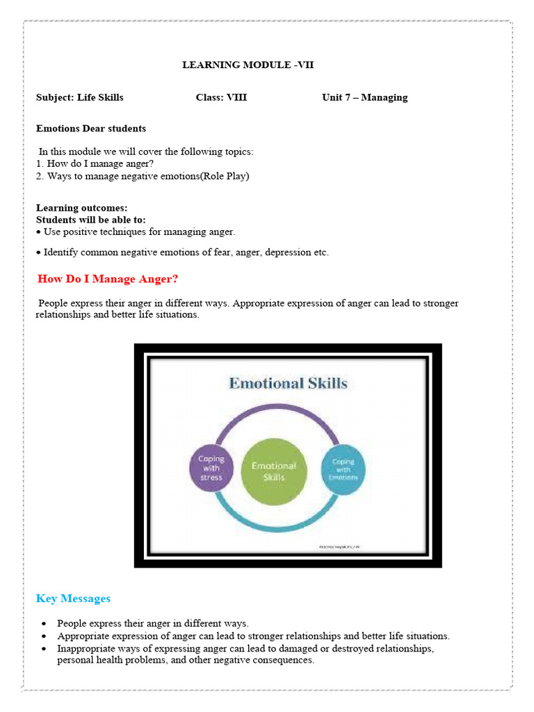 Class VIII - Module 7 Life Skills Unit 7 Managing Emotioms | PDF | Anger | Emotions