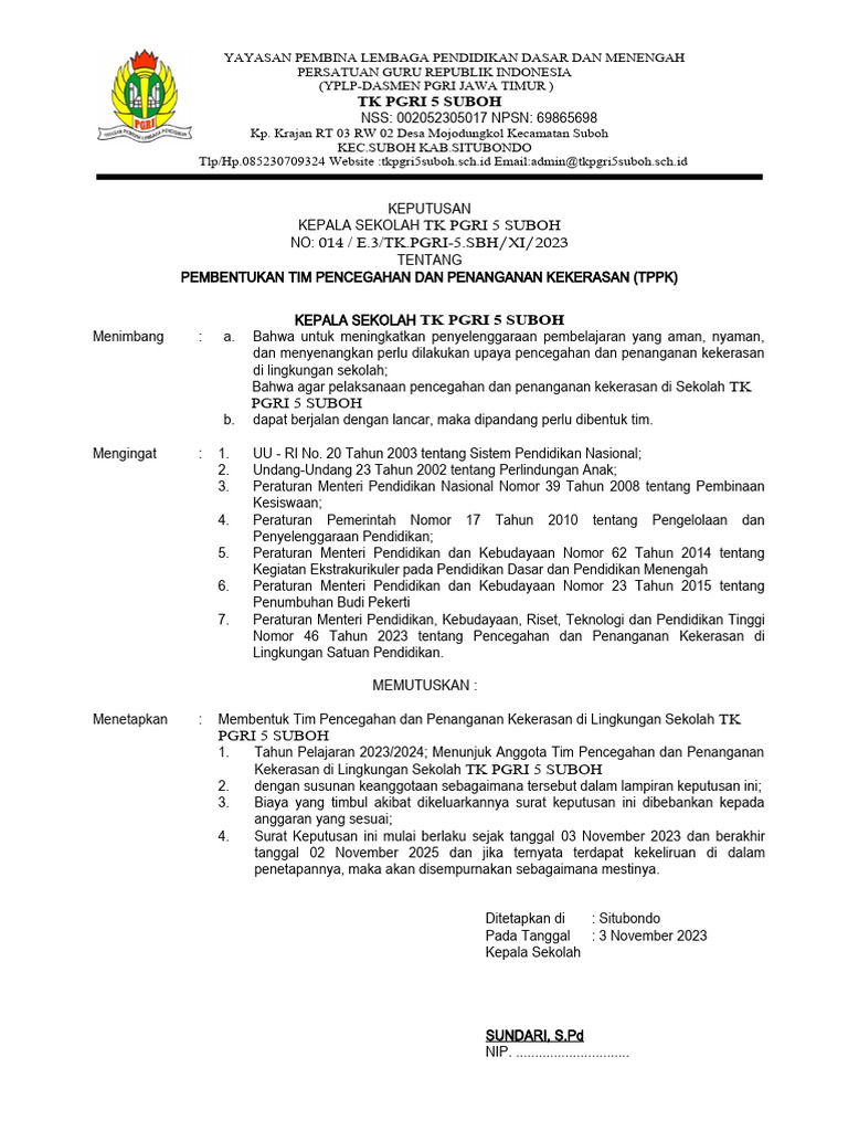 SK Tim Pencegahan Dan Penanganan Kekerasan Di Lingkungan Satuan Pendidikan | PDF