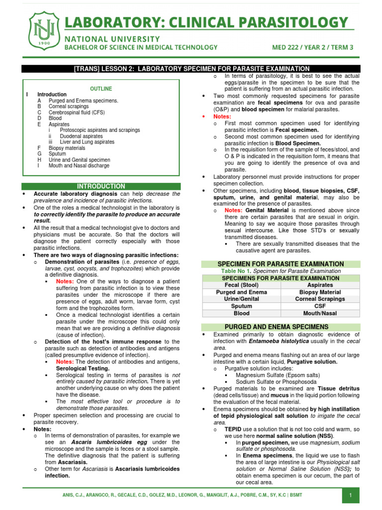 Paralab L2 - Laboratory Specimen For Parasite Examination | PDF ...