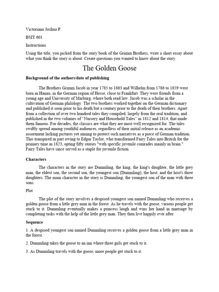 Dummling and the Golden Goose Analysis | PDF | Brothers Grimm