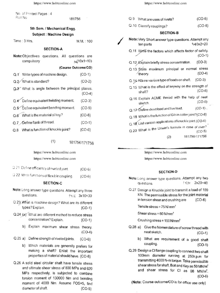Mech 5 Sem Machine Design 181756 2021 Pdf
