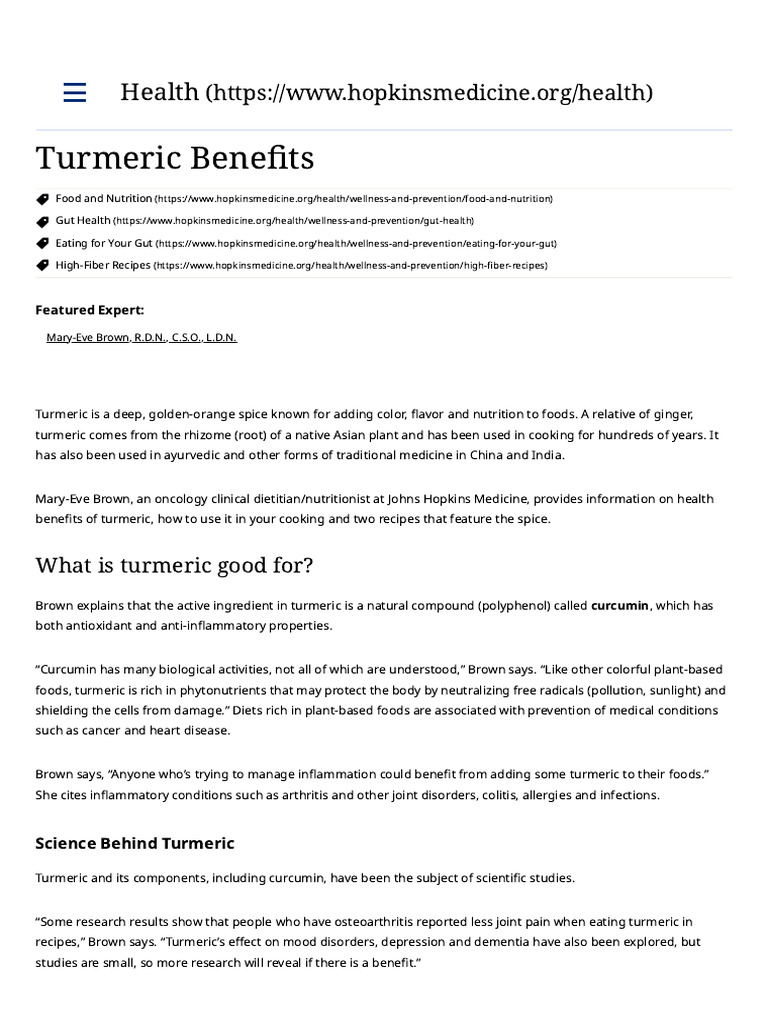 Health Benefits of Turmeric Explained | PDF | Turmeric | Dietary Supplements