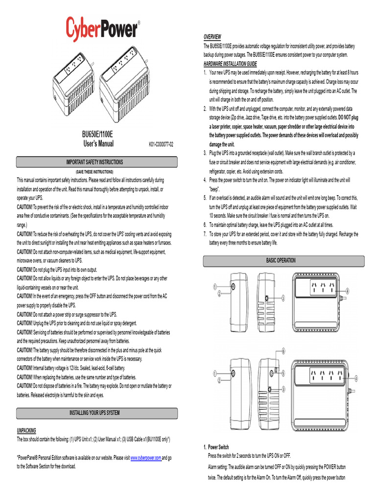 CyberPower K01-C000077-02 UM BU650-1100E en | PDF | Power Supply | Ac Power Plugs And Sockets