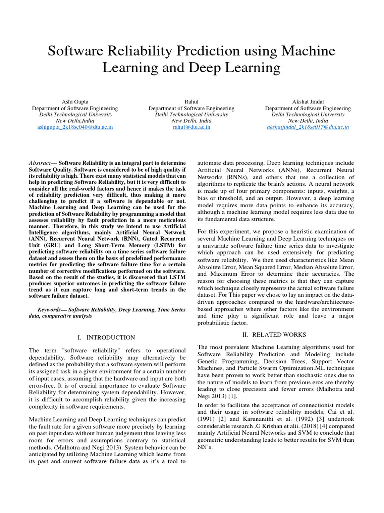 Software Reliability Prediction Using Machine Learning and Deep Learning | PDF | Machine ...