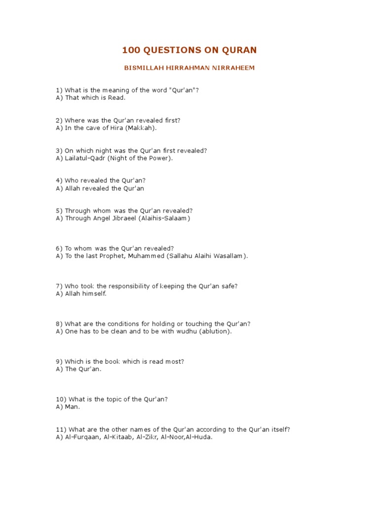 100 Questions On Quran | PDF | Quran | Islam